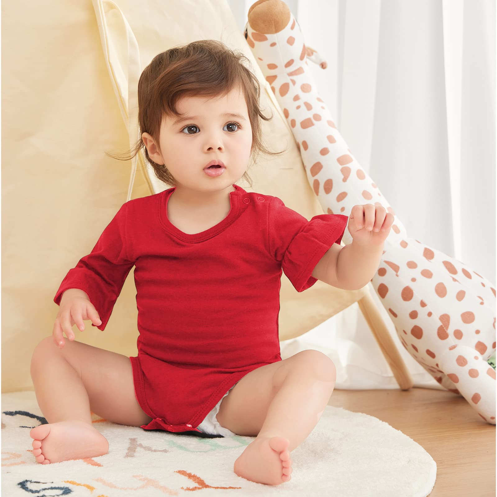 DEFAHN Baby Girl Bell Sleeve Bodysuit Red Onsies Cotton Ruffle Romper Infant Clothes Outfit 0-24 Months (Red, 0-3 Months)