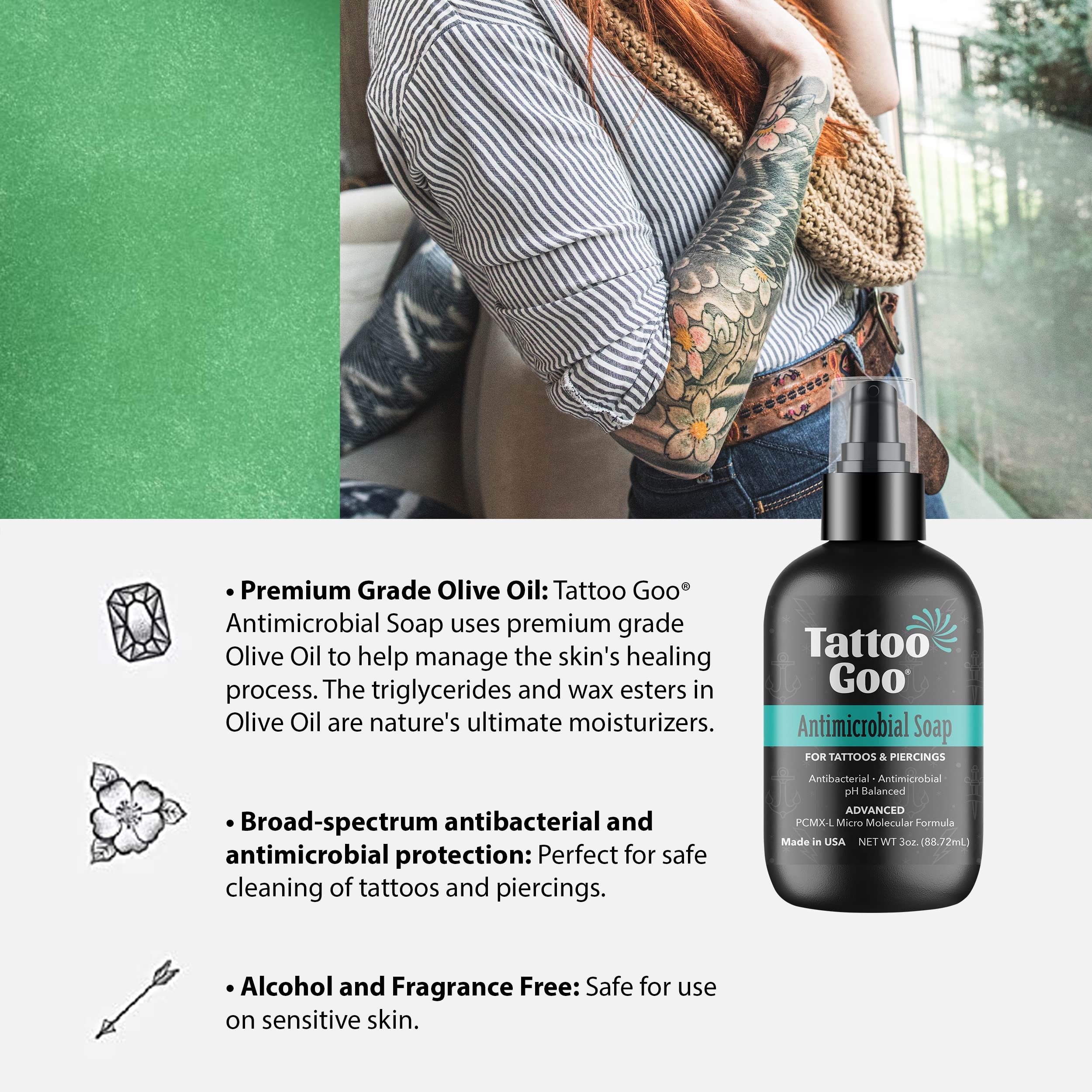 Tattoo Goo Deep Cleansing Soap, Disinfecting Tattoo and Piercing Aftercare - Moisturizing Olive Oil, Alcohol and Fragrance Free - 3 oz