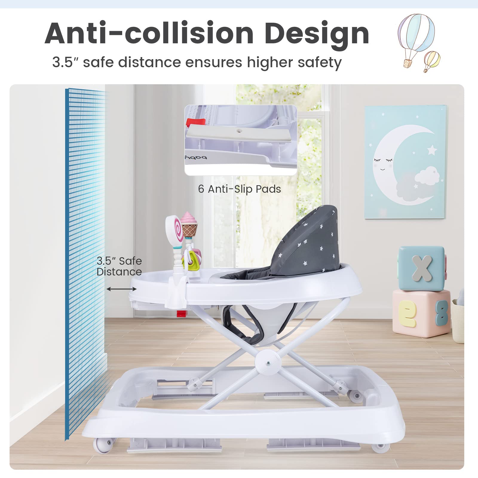 BABY JOY Baby Walker, Foldable Activity Walker Helper with Adjustable Height, Baby Activity Walker with High Back Padded Seat & Bear Toys (Gray, Star Pattern)
