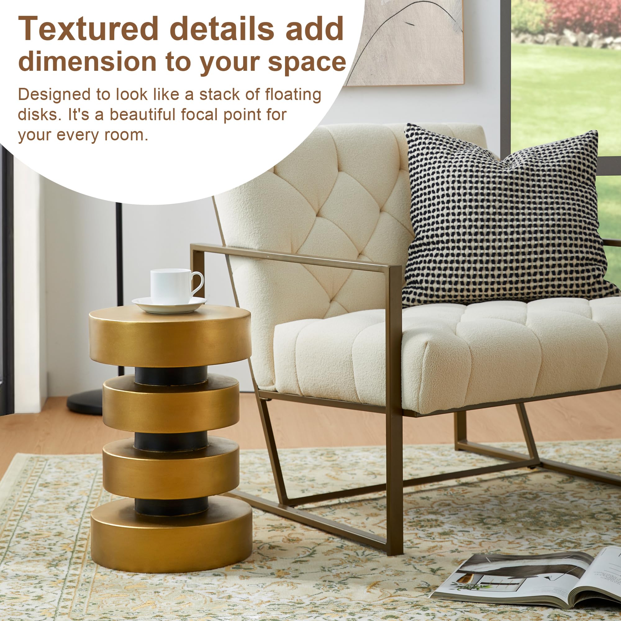 Glitzhome Modern Industrial 12β Dia Round Side Table in Antique Gold Black, Floating Disks Accent Stool End Table for Living Room, Bedroom, Entryway and Small Spaces