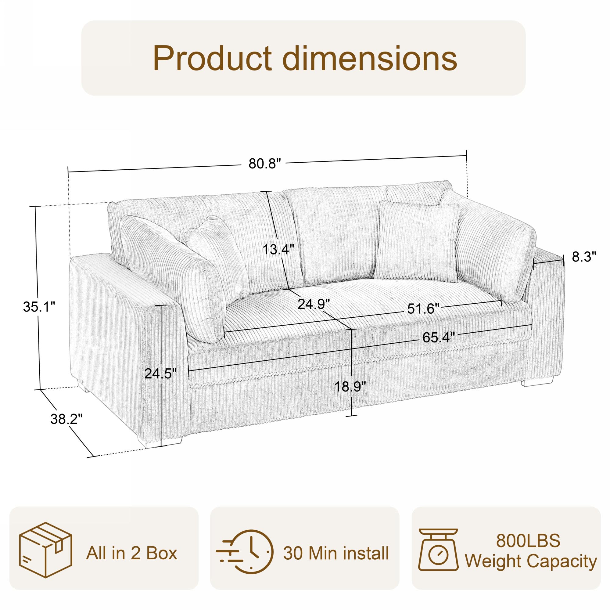Chorlenimi Modern Upholstered Sofa, Soft Corduroy Fabric 3 Seater Small Couch with Armrest, 4 Pillows, Removable Back and Seat Cushions for Living Room and Bedroom (Yellow)