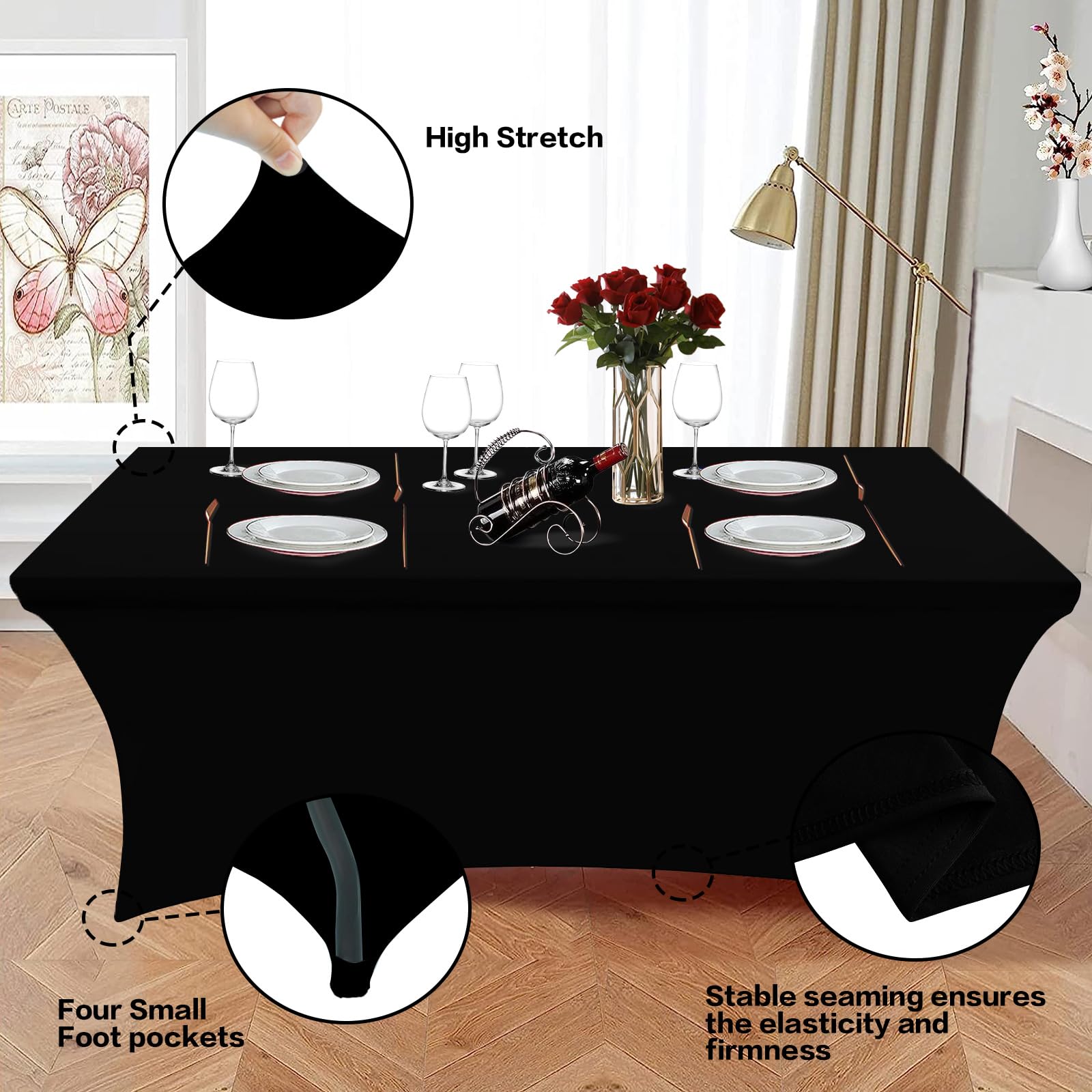 Heochy 2 Pack 6FT Table Cloth for Rectangle Table - Black Tablecloths Rectangular Fitted Stretch Spandex Table Covers 6 ft for Birthday, Cocktail, Wedding, Banquet Christmas Holiday Tablecloth