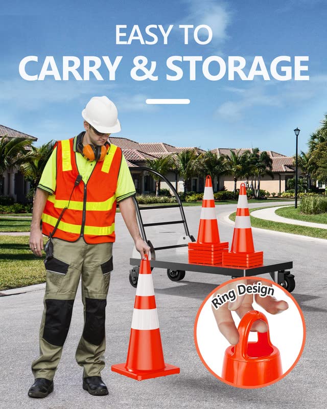 BATTIFE 12Pack Traffic Safety Cones 28 inches with Reflective Collars, PVC Orange Construction Cone for Traffic Control, Driveway Road Parking