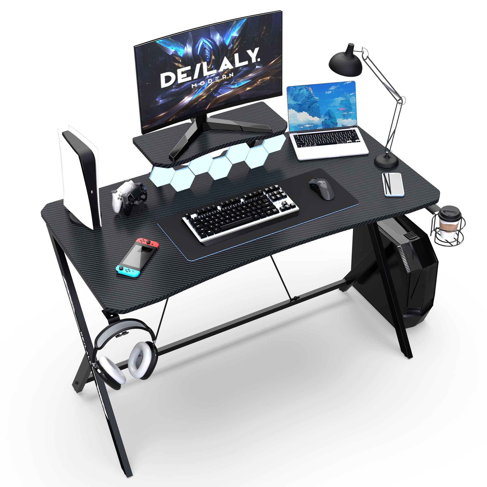 DEILALY 45IN Gaming Desk Gamer Table Carbon Fiber Surface Computer Table Gamer Desk with Monitor Shelf Office Home Study Desk Work PC Table Steel Legs Corner Desk Black