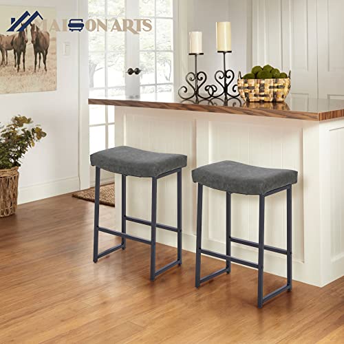 MAISON ARTS Grey Bar Stools Set of 2 Counter Height 24 Inches Saddle Stools for Kitchen Counter Backless Modern Barstools Upholstered Faux Leather Stools Farmhouse Island Chairs, Grey, 2pcs