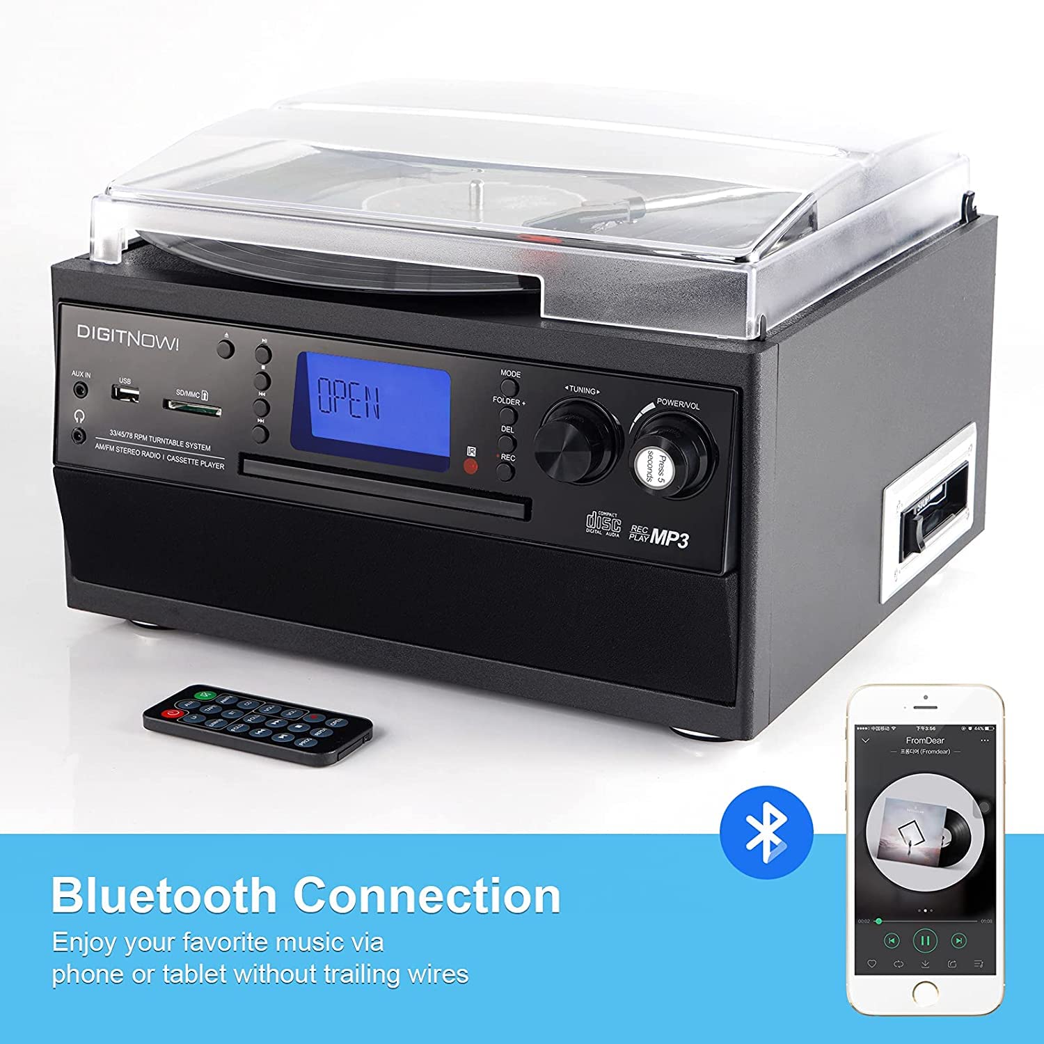 DIGITNOW Bluetooth Record Player Turntable with Stereo Speaker, LP Vinyl to MP3 Converter with CD, Cassette, Radio, Aux in and USB/SD Encoding, Remote Control, Audio Music Player Built in Amplifier