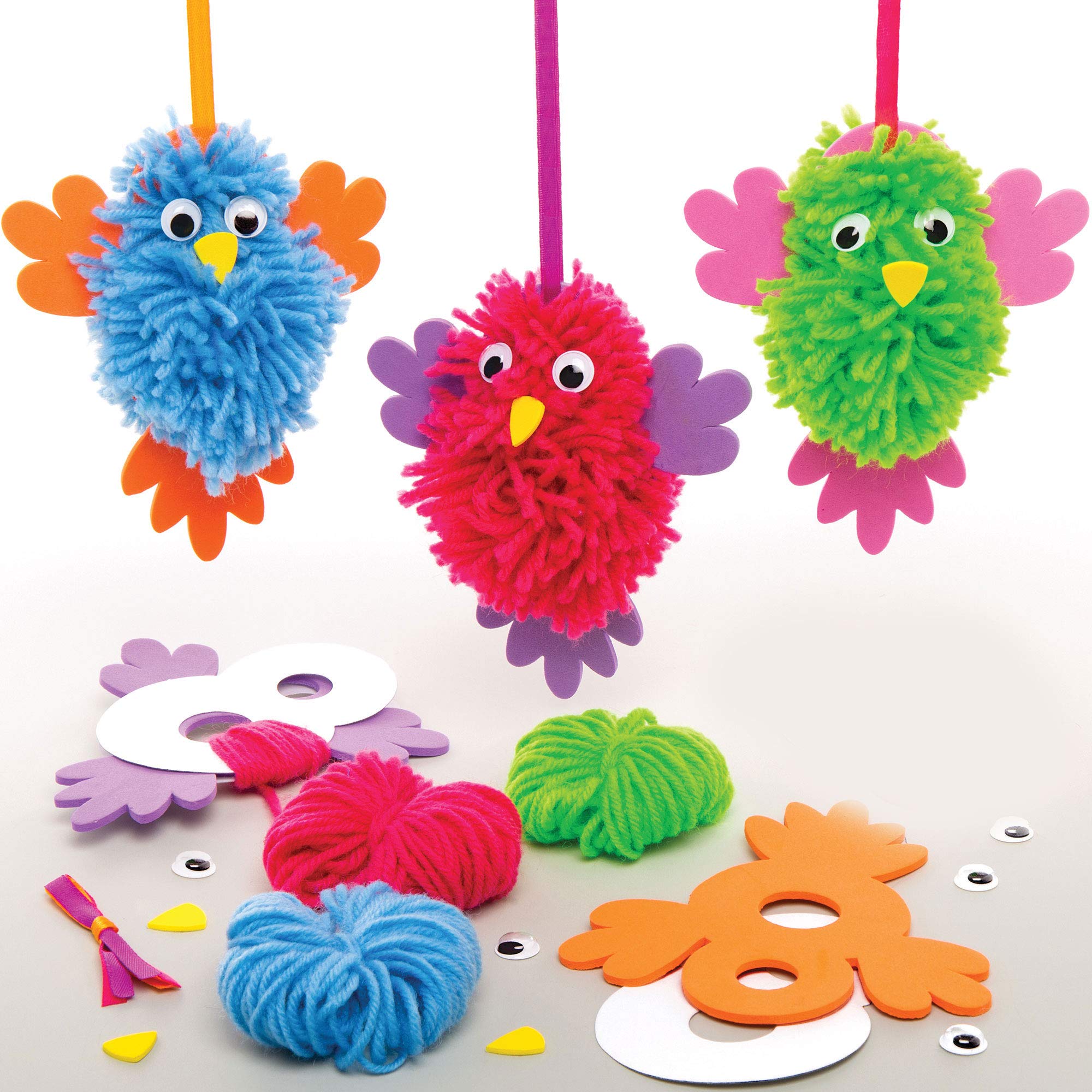 Baker Ross AT563 Bird Pom Pom Kits - Pack of 3, Creative Art and Craft Supplies for Kids to Make, Decorate and Display, Assorted