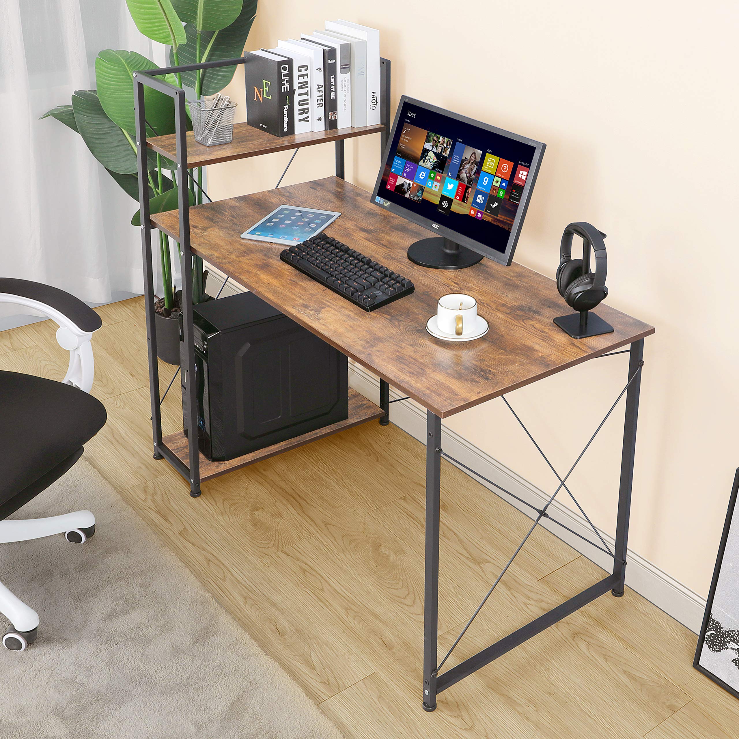 AuAg Computer Desk with 4 Tier Storage Shelves, 47” Home Office Desk with Reversible Bookshelf, Writing Study Table Workstation with Tower Shelf for Small Space(Rustic Brown)