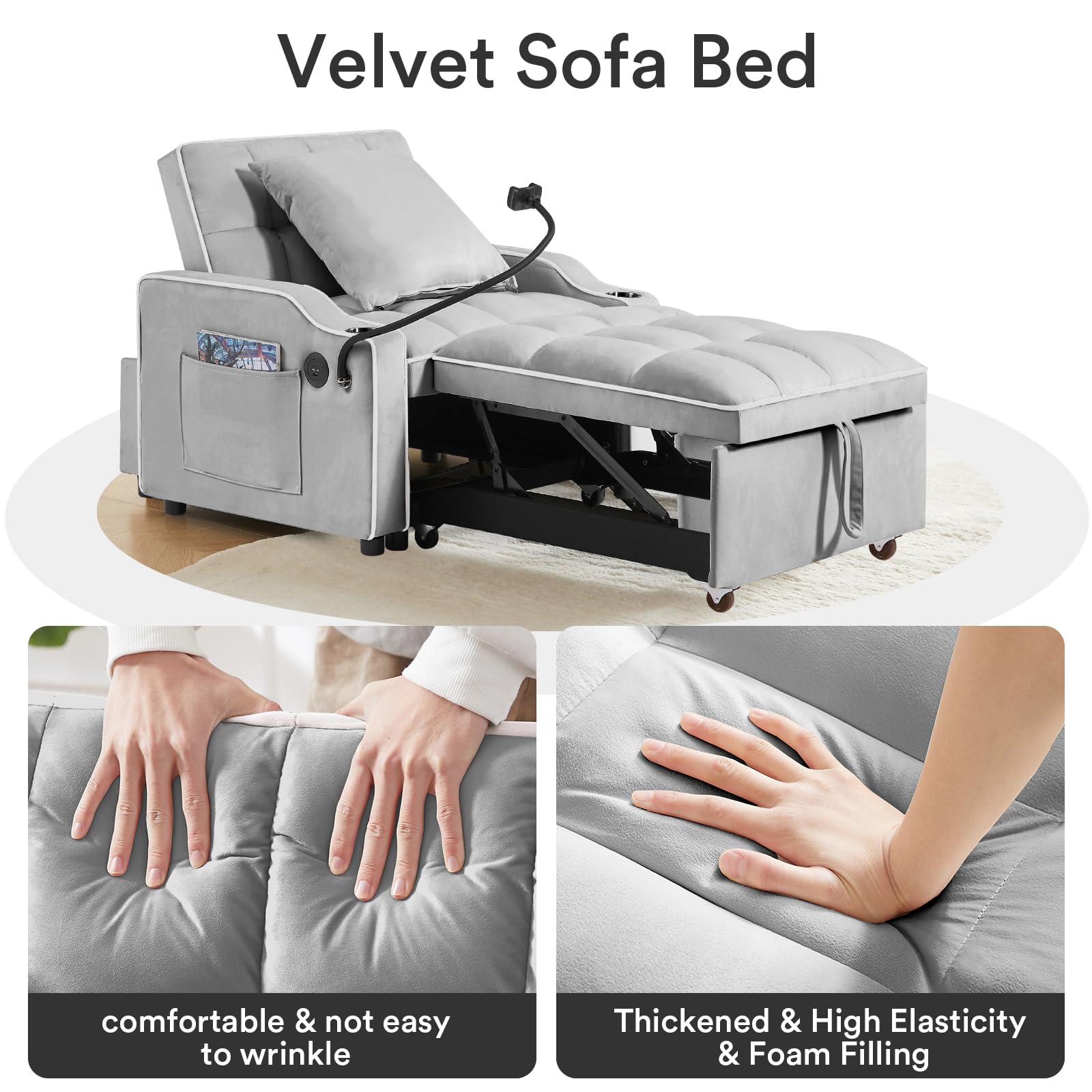 Rovibek 3 in 1 Convertible Sleeper Sofa Bed Pull Out Couch Futon Loveseat Velvet Chaise Lounge with 2 Pockets and 2 Pillows for Living Room, Twin Size, Grey