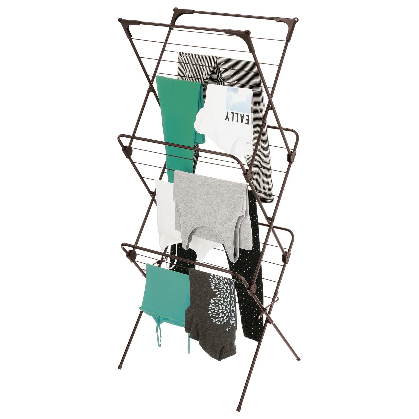 mDesign Tall Metal Foldable Laundry Clothes Drying Rack Stand - Compact, Portable, Folding, and Collapsible for Storage - Large Capacity, 27 Drying Rods, 46 Feet of Drying Hanger Space - Bronze