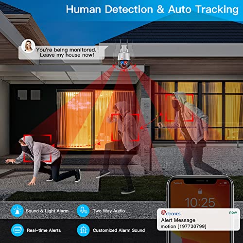 Ctronics 30X Optical Zoom 5MP Security Camera Outdoor WiFi 2.4/5GHZ, PTZ Camera Outdoor with Auto Scan/Track/Zoom, Human Detection, 492ft Night Vision, Sound Light Alarm, Two-Way Audio Metal/Cloud