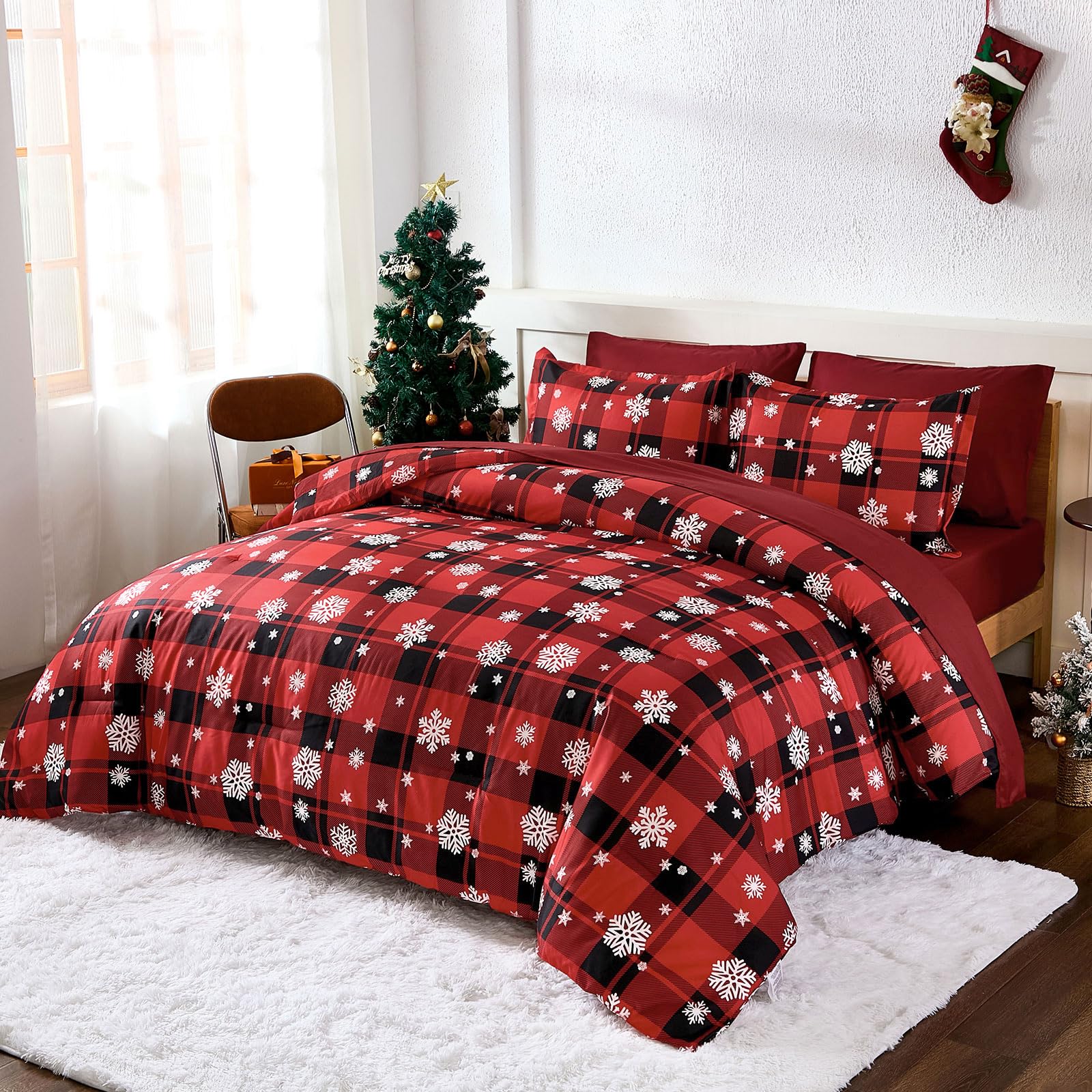 Christmas Duvet Cover Set Queen, Boho Red Teal Striped with Reindeer Cardinals Pattern Bedding Comforter Cover Set for Festive Bedroom Decor 3 Pieces Zipper Closure