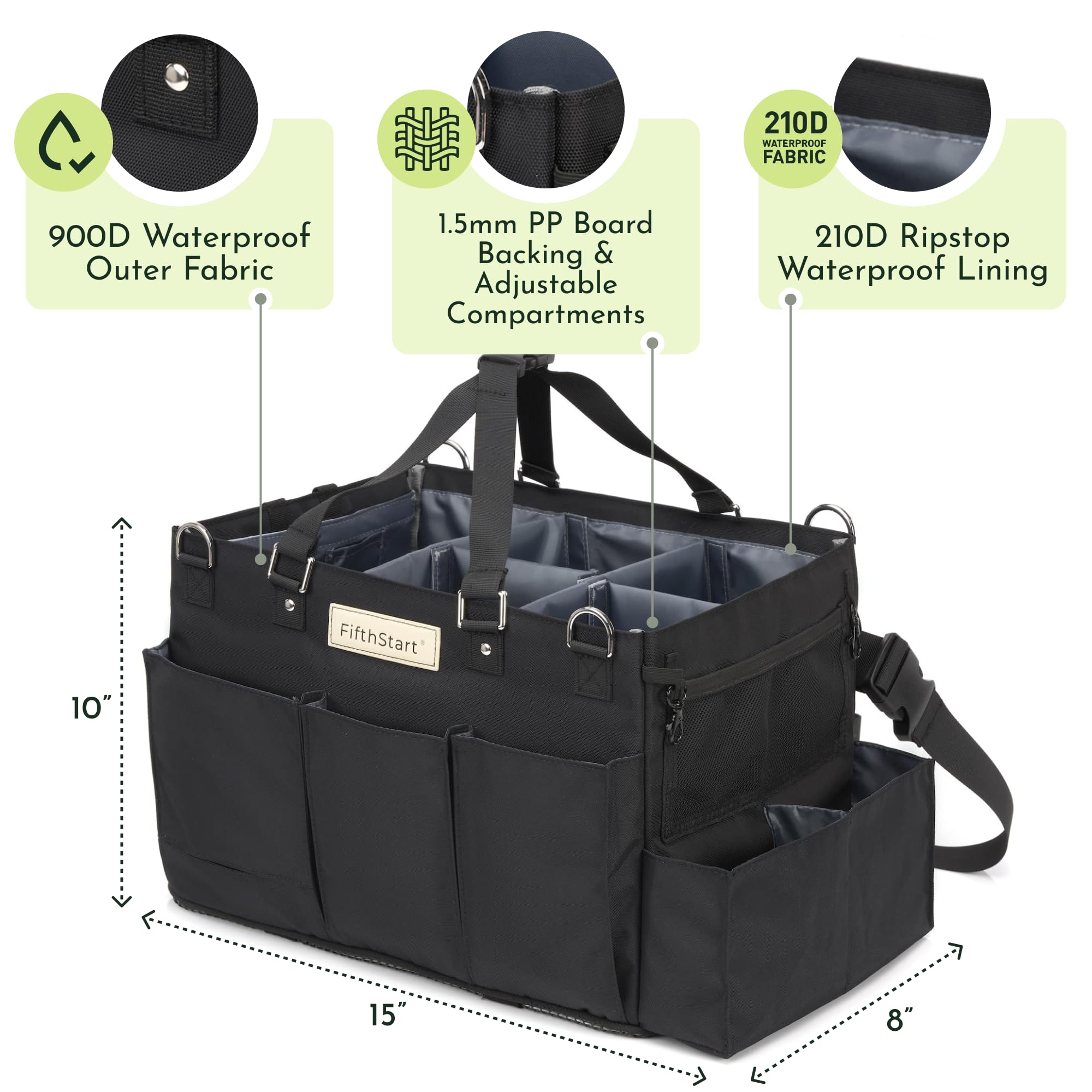 FifthStart Multiuse Cleaning Caddy with Waist & Shoulder Strap - Professional 9 Pockets Tote Bag for Housekeeping Diaper Gardening Fishing Beach Bathroom Organizer Adjustable Compartments, Black Large