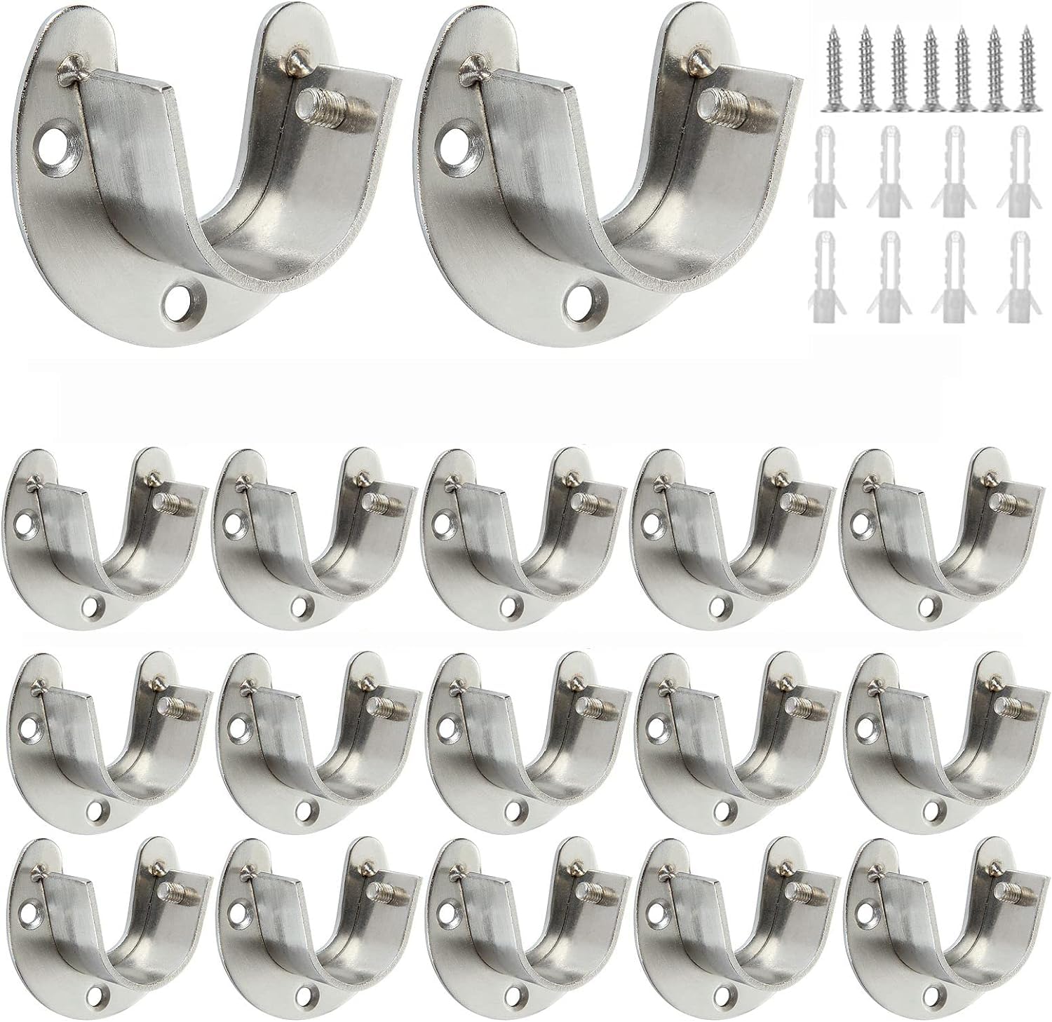 DAOST 16 Pack Closet Rod Bracket 1 1/4 Inch Closet Rod Holder Stainless Steel Closet Pole Socket Heavy Duty Closet Rod Support Closet End Support for Closet Shower Rod with Screws (U Shaped, 32mm)