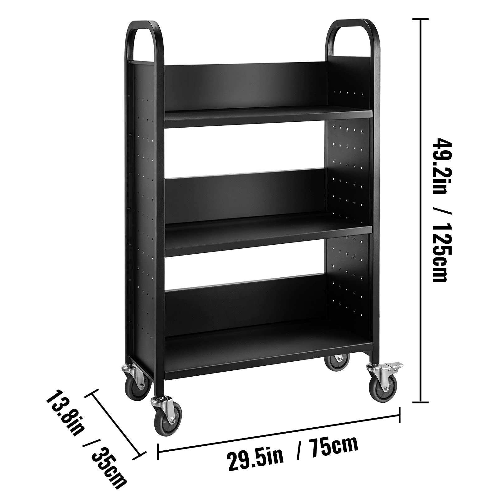 BestEquip Book Cart, 200LBS Library Cart, 49.2''x29.5''x13.8'' Rolling Book Cart, Single Sided L-Shaped Flat Shelves with Lockable Wheels for Home Shelves Office School Book Truck Black