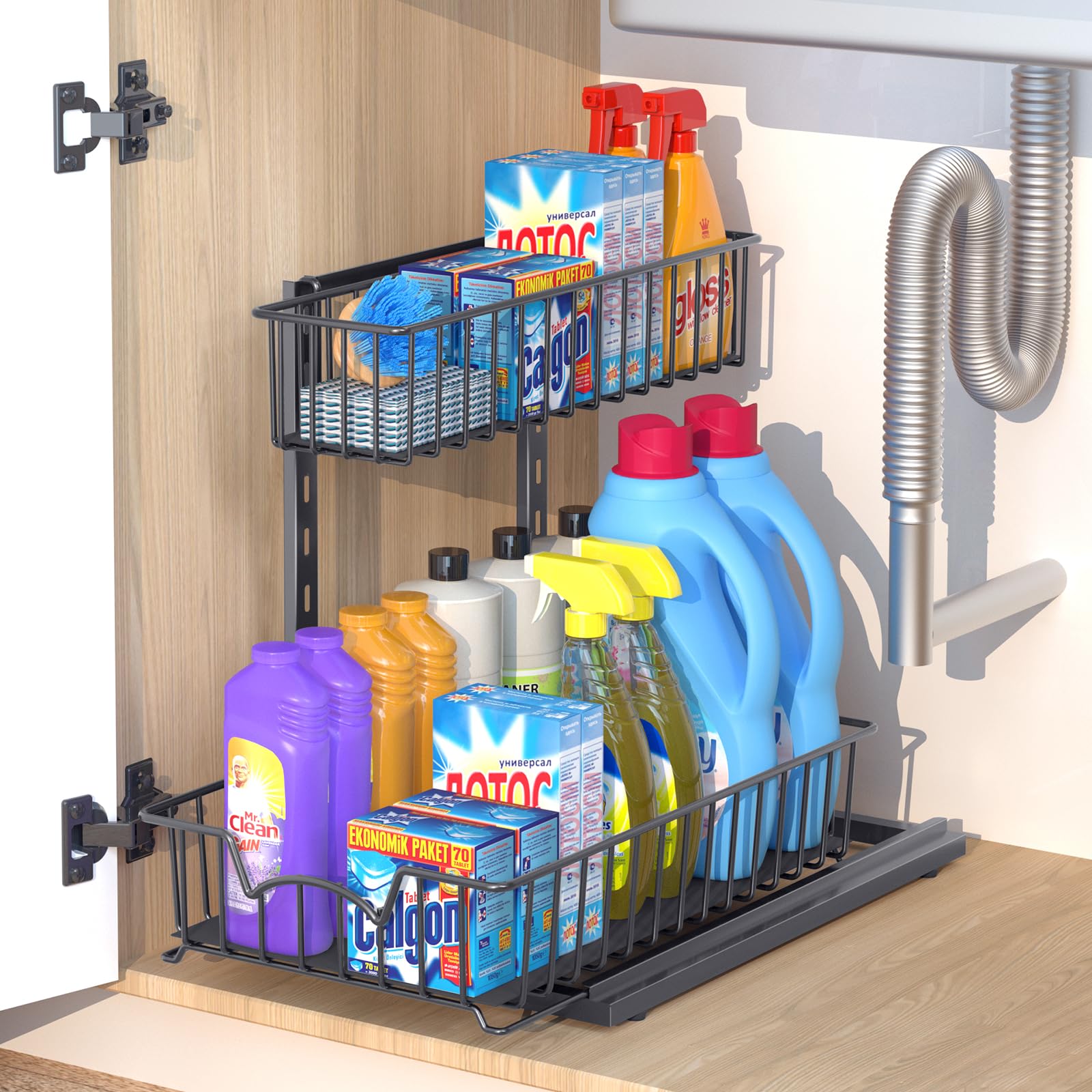 Beainbox Under Sink Organizer, Adjustable Metal Under Sink Storage, Put Out Sink Cabinet Organizer of Kitchen Bathroom