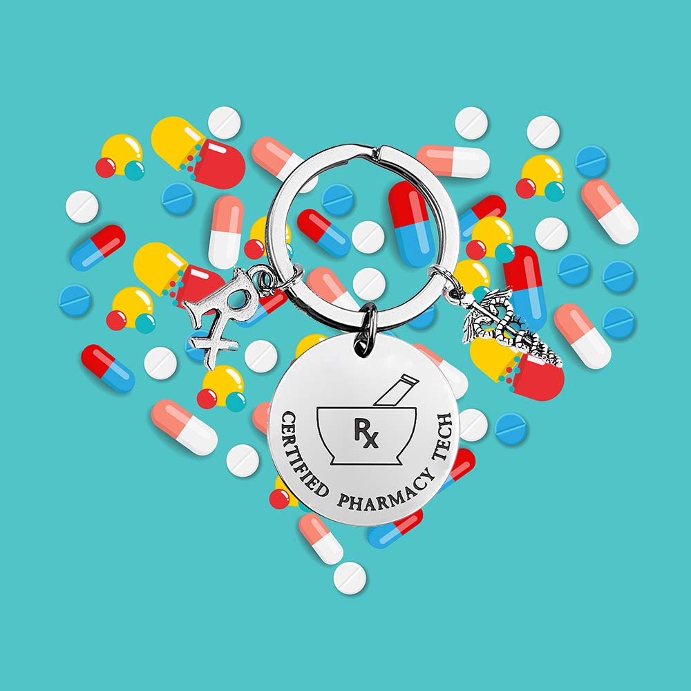 BEKECH Pharmacy Technician Gifts RX Pharmacist Keyring Gift Certified Pharmacy Tech Keychain RX Jewelry Pharmacy Jewelry Pharmacist Gift Pharmacy Student Graduation Gift (silver)
