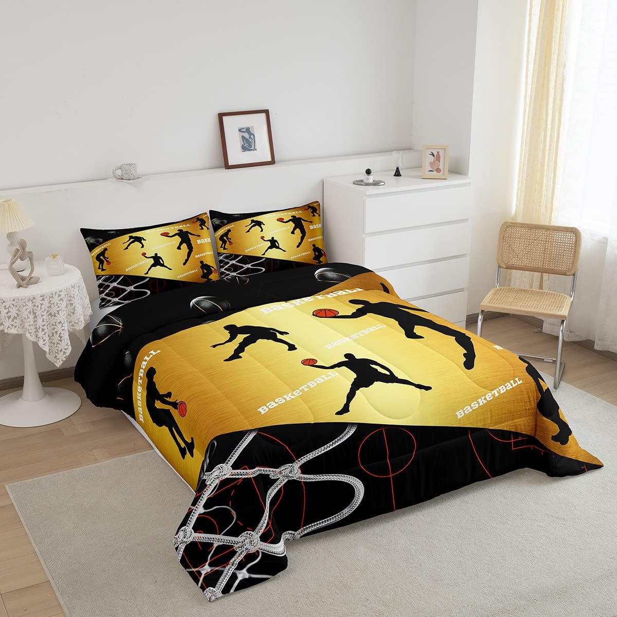 Sports Themed Comforter Sets for Teens Youth,Golden Black Basketball Bedding Sets Kids Gift,Basketball Player Sketch Duvet Insert,Geometric Ball Game Pattern Down Comforter with 2 Pillow Shams,King