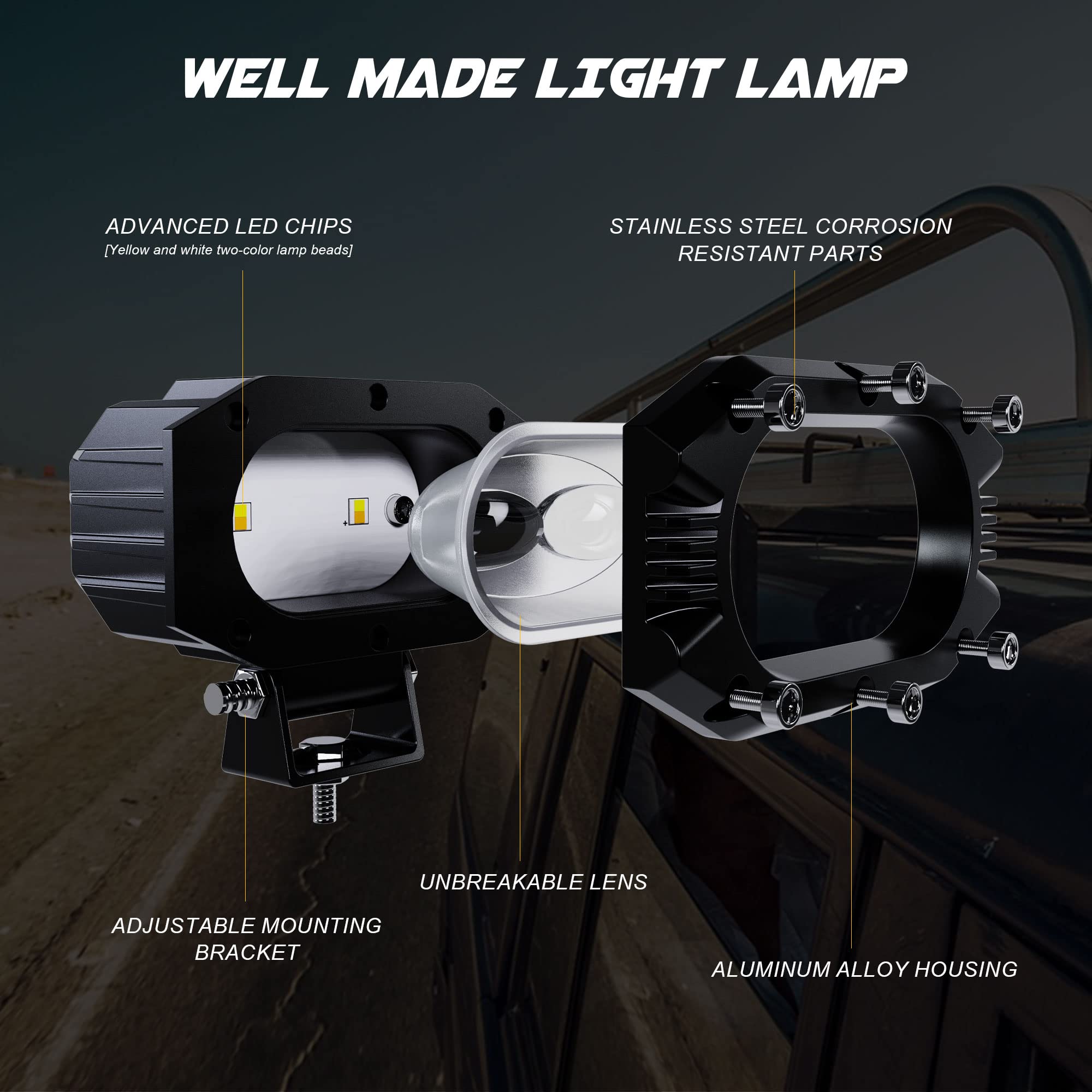 ASLONG 2PCS 4Inch LED Flood Single Row White/Amber Flasing Strobe Pods Work Lights Off Road Driving Fog Lights with Switch Wiring Harness for Truck, 4x4, SUV, ATV