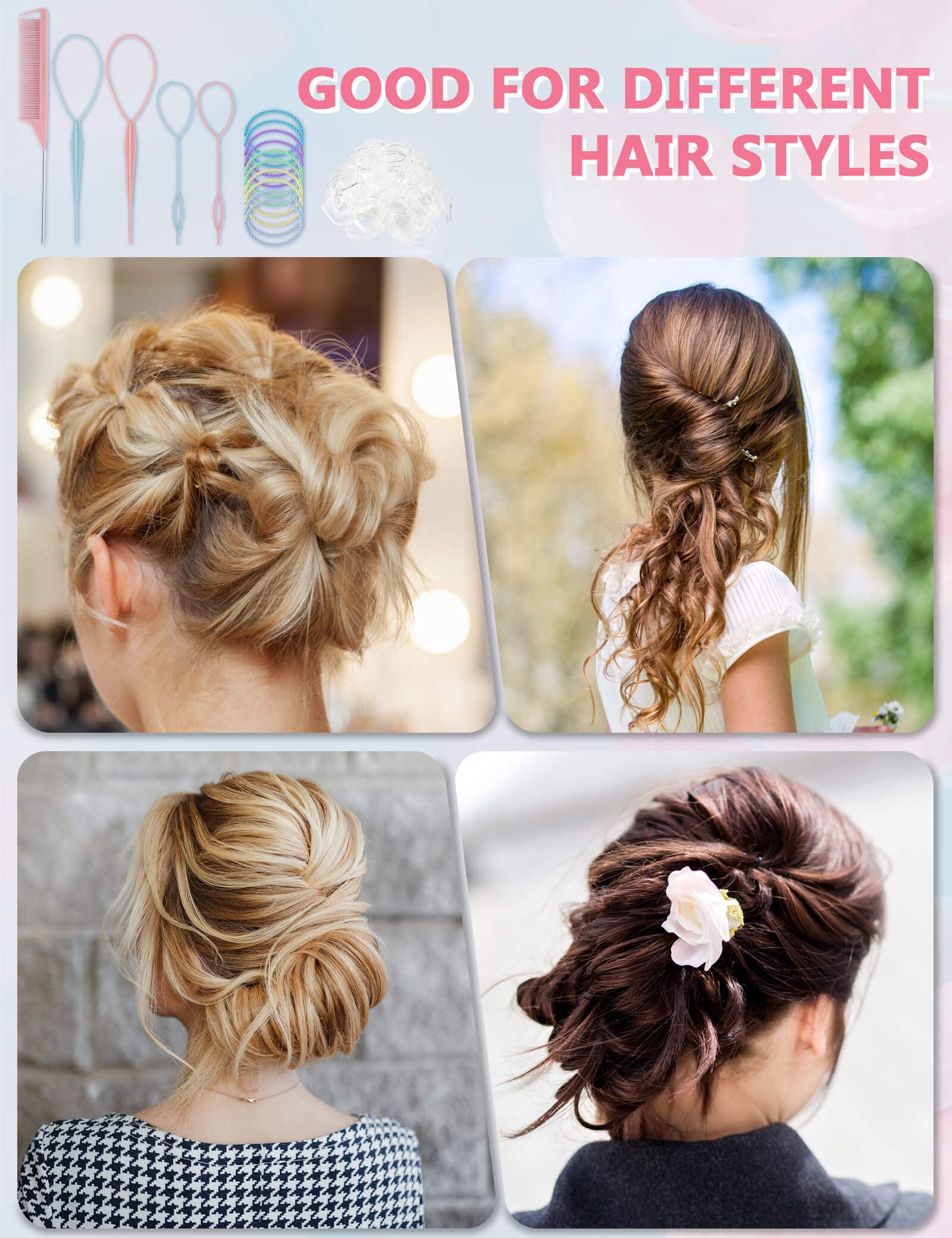 FILOVEMODA Hair Styling Kit: Tail Braiding Tool, 4 French Braid Loops, 100 Clear Mini Elastics, 10 Elastic Hair Ties