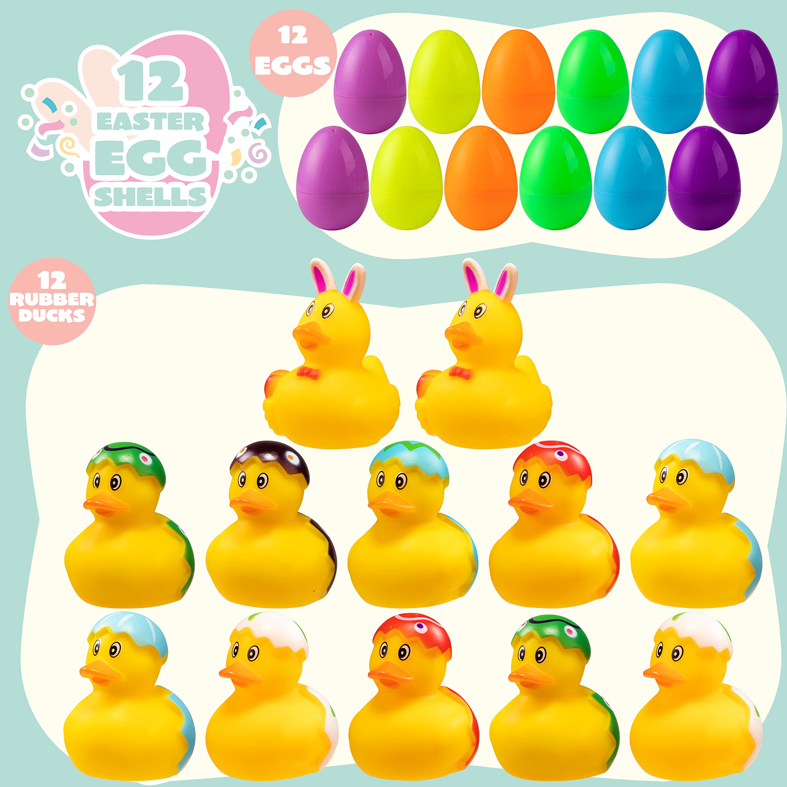 JOYIN 12 PCS Filled Easter Eggs with Rubber Duck and Rabbit Duckies, Bright Colorful Prefilled Easter Eggs for Kids Fun Bath Toys, Basket Stuffers and Party Favors