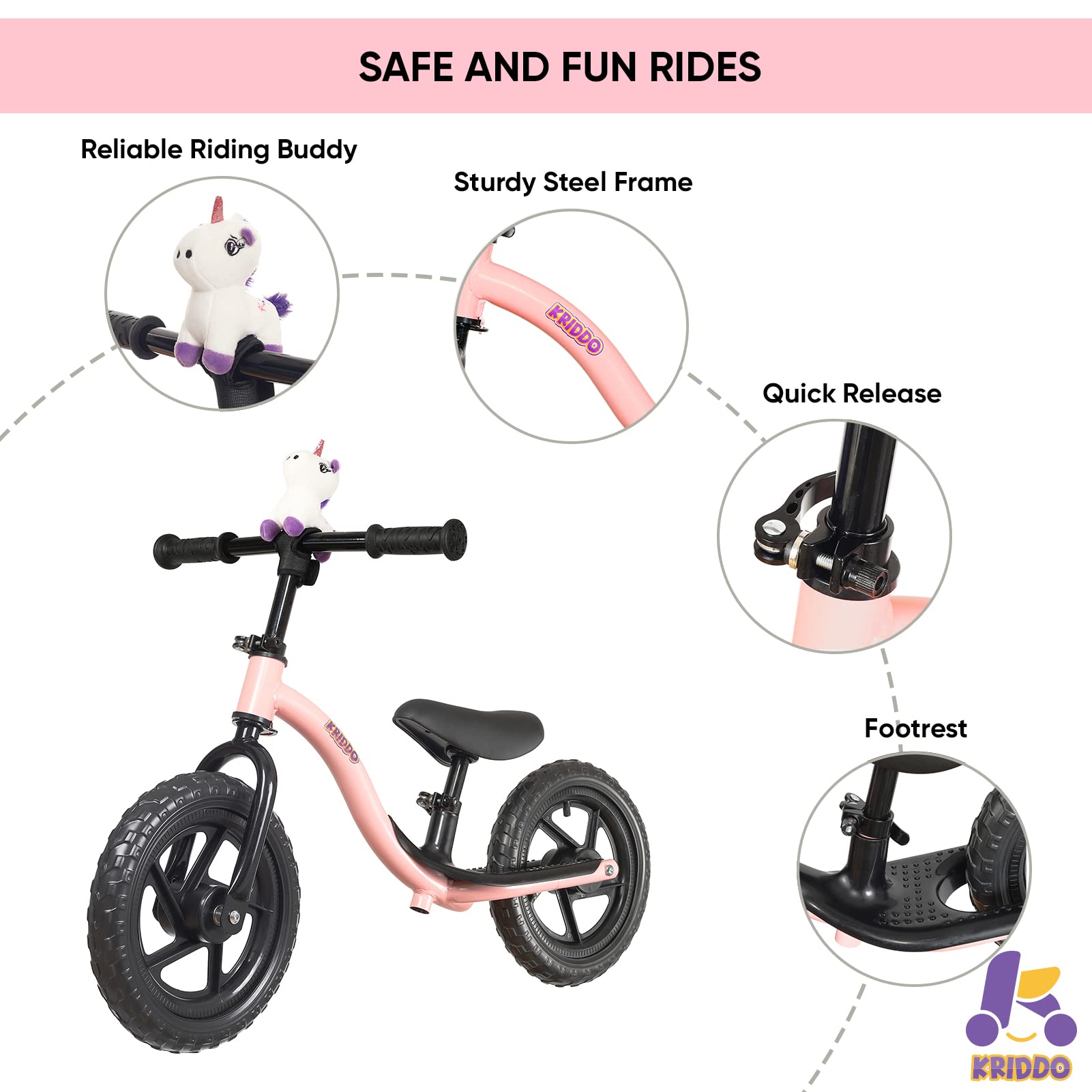 KRIDDO Toddler Balance Bike 2 Year Old, Age 24 Months to 5 Years Old, Early Learning Interactive Push Bicycle with Steady Balancing, Gift Bike for 2-5 Boys Girls, Pink