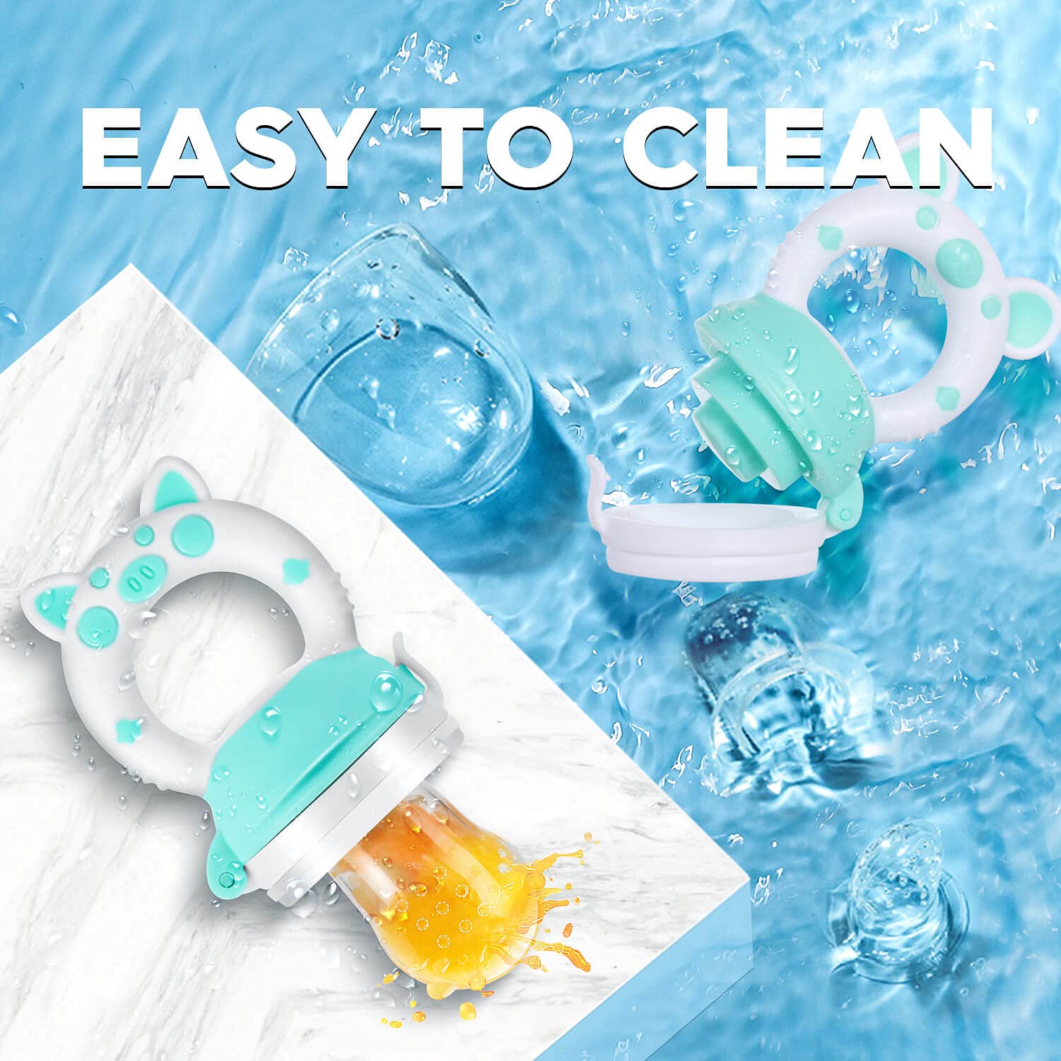 Baby Fruit Food Feeder Pacifier - Fresh Teething Pacifiers, Infant Fruit Teething Teether Toy for 3-24 Months, 6 Pcs Silicone Pouches for Toddlers & Kids & Babies, Piggy Handle 2-Pack (Blue)