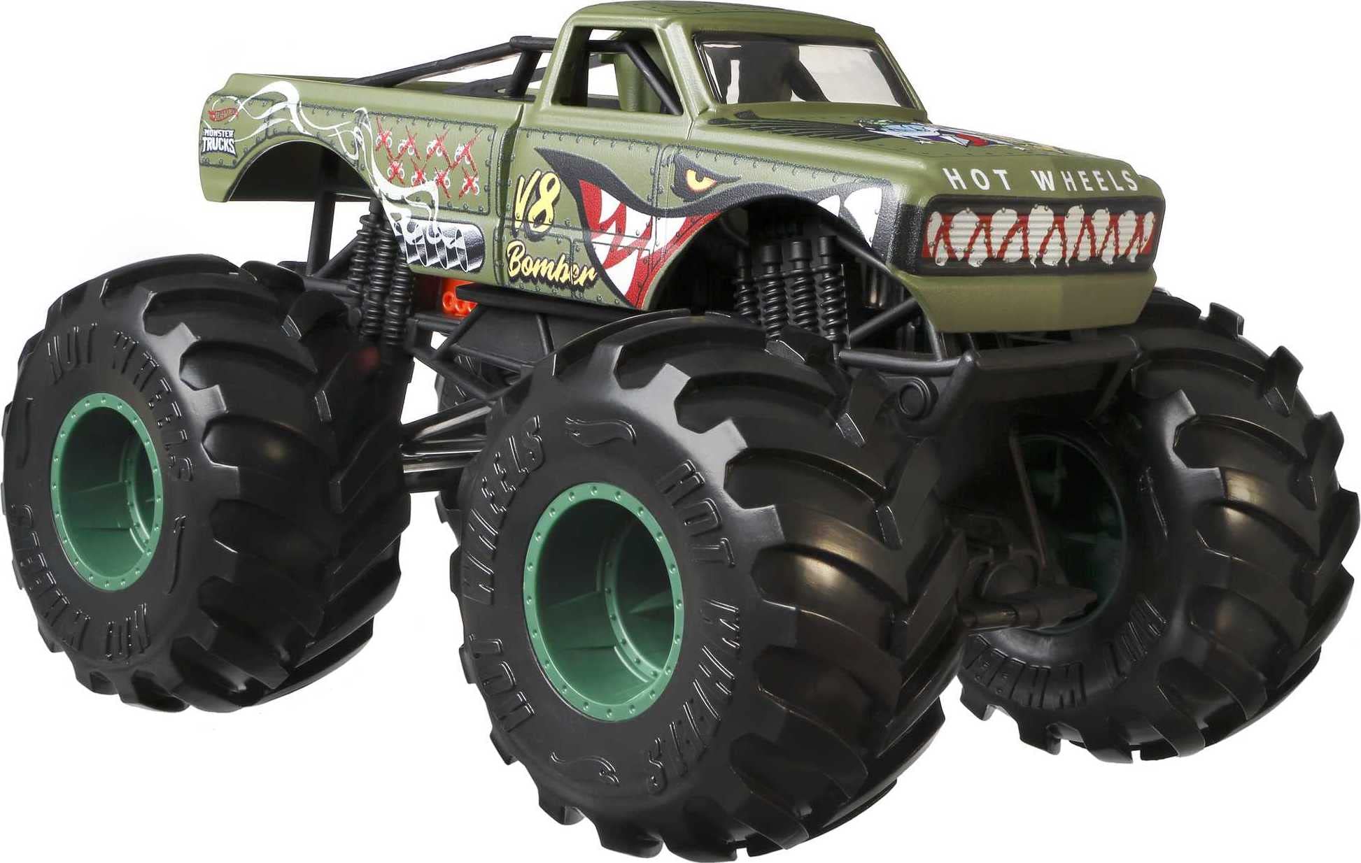 Hot Wheels Monster Truck 1:24 Scale Green Bomber Vehicle with Giant Wheels for Kids Age 3 to 8 Years Old Great Gift Toy Trucks Large Scale