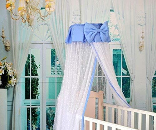 RuiHome Dome Style Hanging Baby Mosquito Net Nursery Bed Canopy with Blue Bowknot Decor, Netting with Holder Stand
