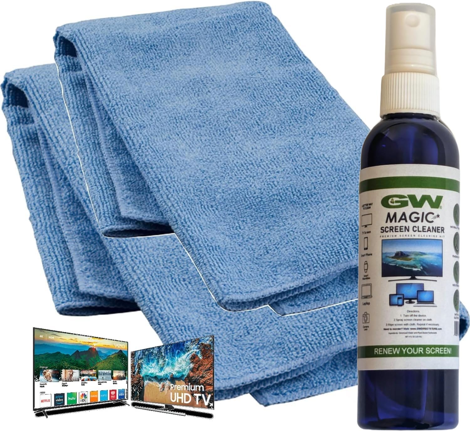 GW Deluxe Magic Screen Cleaner Kit for Ultra HD 4k HDR OLED TV, Laptop and Tablet Screens with 2 Premium Microfiber Cloths and Larger Spray Bottle