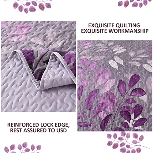 Purple Floral Quilt Set King Size, 3 Pieces Botancal Leaves Bedspread Coverlet Set with 2 Pillowcases for All Season, Soft Microfiber Floral Bedding Set 104"×90"