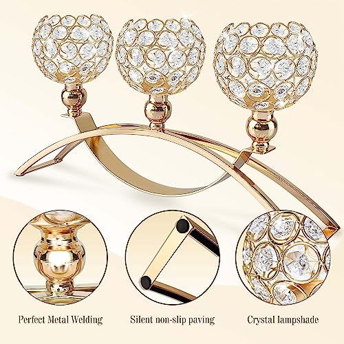 Crystal Candle Holders, Tealight Candlestick Candelabra Stand with 3 Arms,Candle Holder for Wedding Home Decor/Table Centerpiece Party Decoration (Gold)