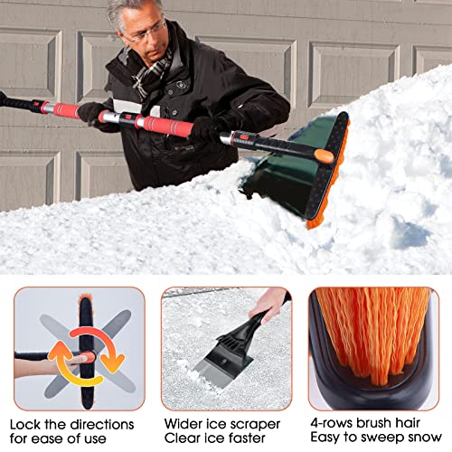 FOVAL 62.4" Extendable Snow Brush and Ice Scraper with 360°Pivoting Brush Head, Snow Removal Car Brush for Windshield Window Trucks SUVs, Essential Winter Tool Ice Remover with Comfortable Foam Grip
