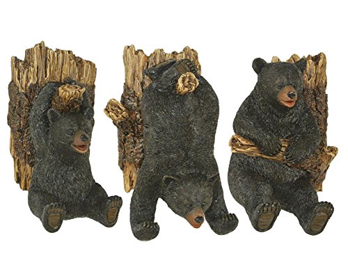 Marco Set of Three Resin Black Bear and Tree Trunk Wall Hooks -Lodge Decor
