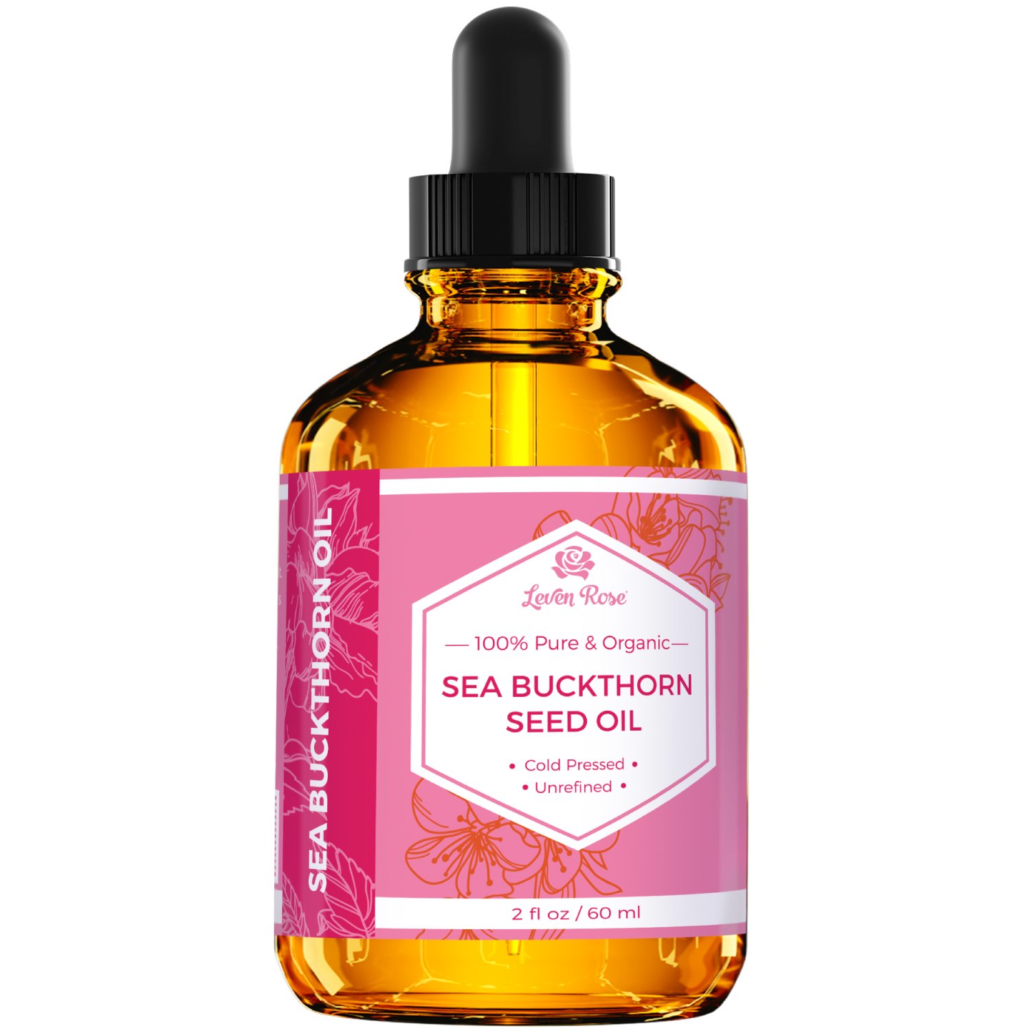 Leven Rose Sea Buckthorn Seed Oil, 100% Pure Unrefined Cold Pressed for Hair Skin and Nails (2 oz)