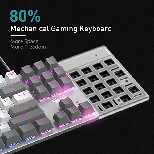 AULA F3287 Wired TKL Rainbow Mechanical Gaming Keyboard, 80% Compact Tenkeyless 87 Keys Layout w/Tactile Brown Switches, White & Grey Mixed-Color Keycaps, Programmable Macro Keys