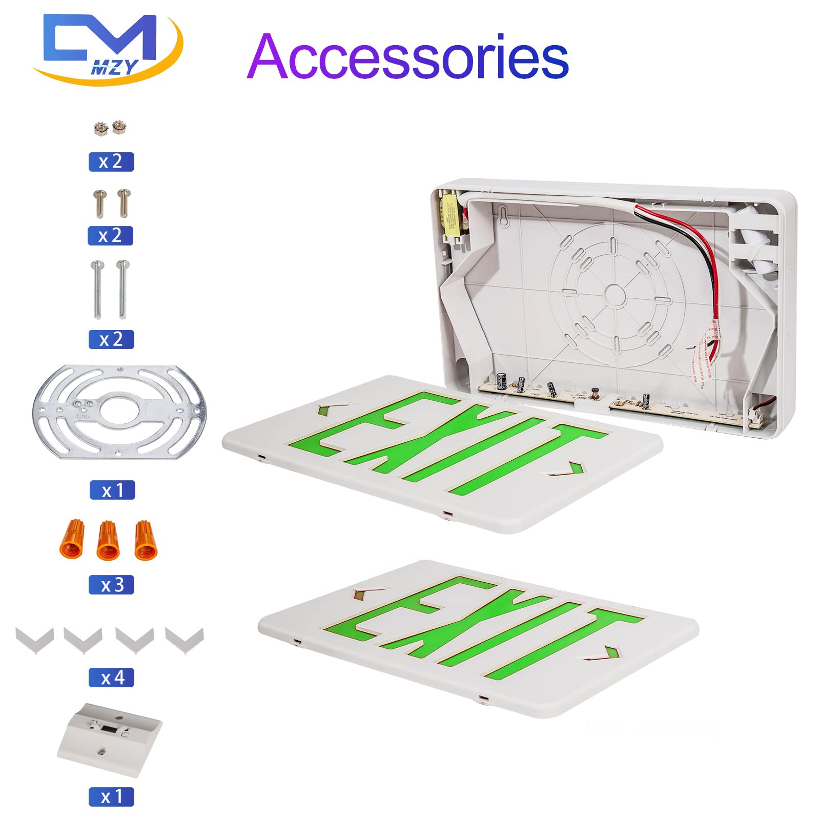 CM MZY Exit Sign with Emergency Lights LED Exit Sign Light with Battery Backup,Green Letter Commercial Emergency Exit Sign Lights,AC 120-277V, UL Certified,1PCS