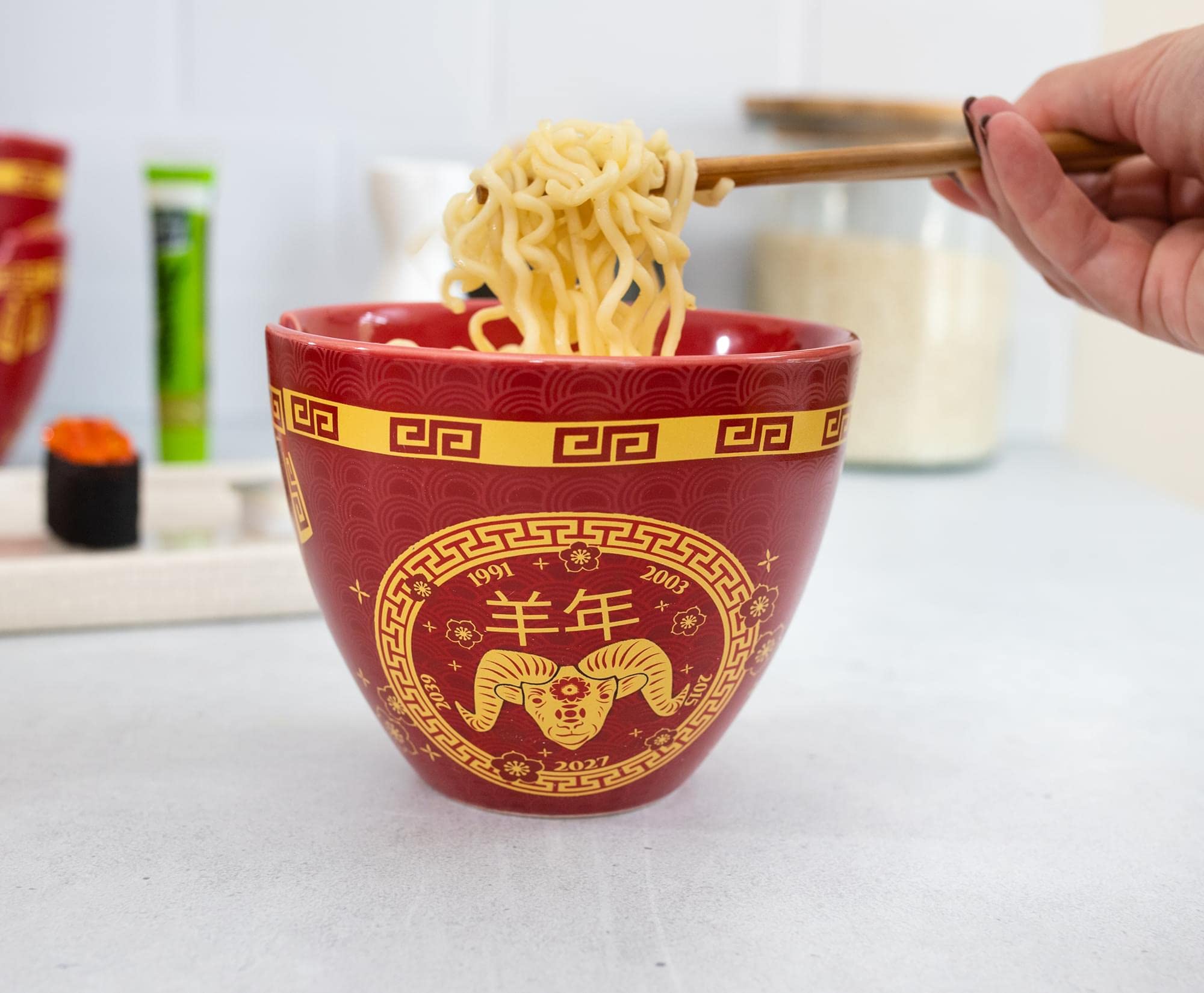 Boom Trendz Year Of The Sheep Chinese Zodiac Ceramic Dinnerware Set Includes 16 Ounce Ramen Noodle Bowl and Red One Size