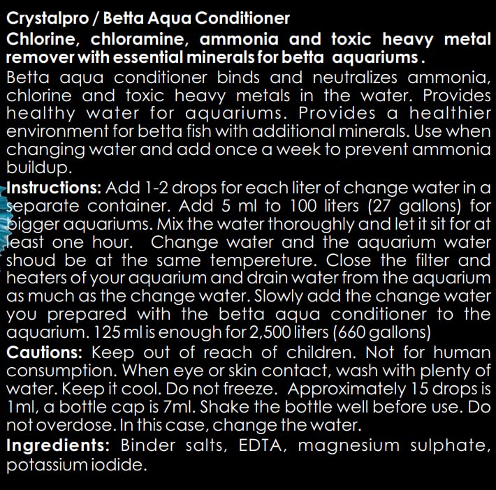Crystalpro Betta Water Conditioner 4.22 Oz - Treats 660 Gallons - Additional Minerals Neutralizes Chlorine Concentrated Aquarium Water Conditioner for Betta Fish Tank Ideal for Betta Fish Care