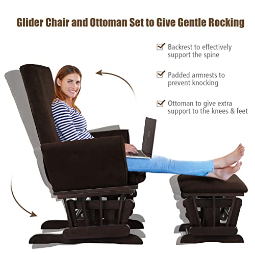 Premium Comfort Practical Rocking Chair Solid Wood Construction, Incredibly Smooth Quiet Gliding Baby Nursery Relax Chair Glider Ottoman Set with Cushion Brown