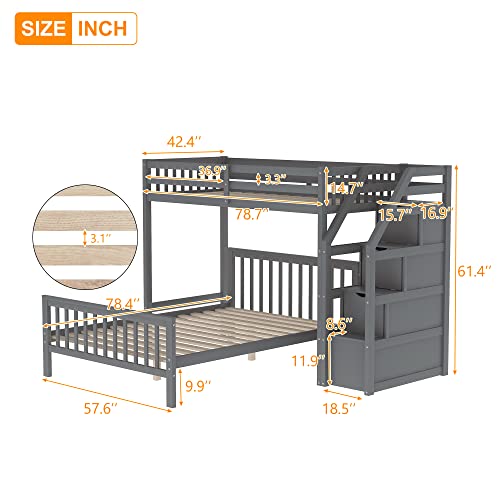 Goohome Twin Over Full Bunk Bed with Staircase, Wooden Twin Over Full Stairway Bunk Bed L Shaped Bunk Beds for Kids, Twin Loft Bed with Storage Drawers and Full Platform Bed, No Box Spring Needed