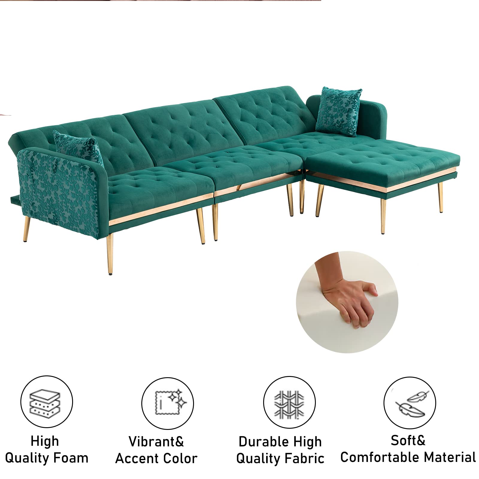 Pvillez Sectional Sofa Futon Sofa Bed Convertible Sleeper Sofa Couch w/Chaise Lounge,Ottoman L-Shape Convertible Couches for Living Room Button Tufted Back Velvet Couch w/Golden Legs
