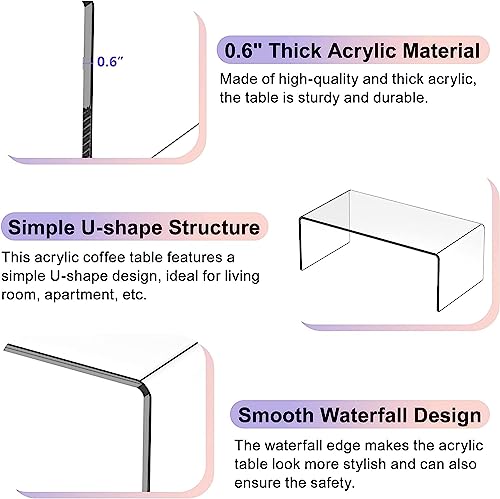 Odoor Direct Modern Waterfall Acrylic Coffee Table, 32" x 16" x 16" Acrylic Side Table with PVC Mat, Rectangle Clear Coffee Table for Living Room, Bedroom, Small Spaces, Clear