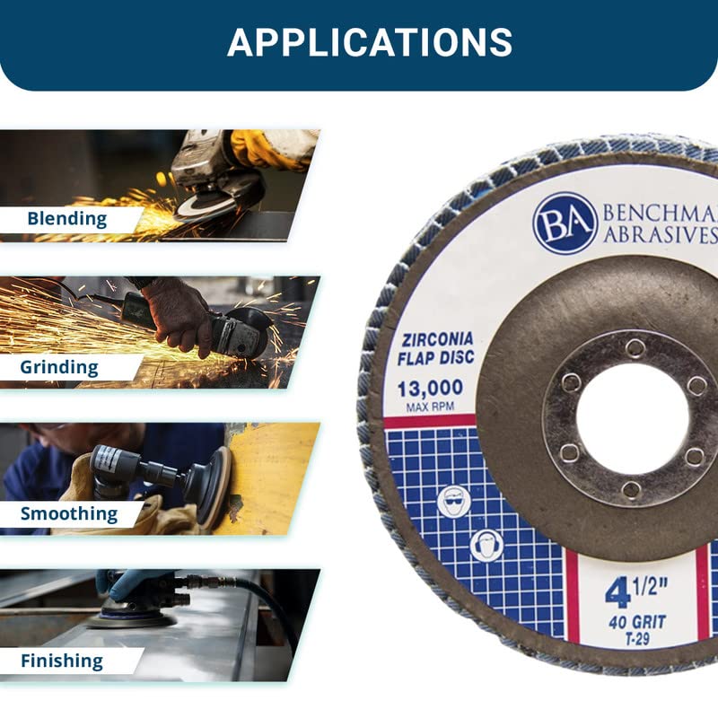 Benchmark Abrasives 4.5" Premium Zirconia Type 29 Flap Discs Grinding Wheels for Sanding Stock Rust Removal Finishing Grinding Deburring Stainless Steel, 7/8" ArborĀ (10 Pack) - 40 Grit