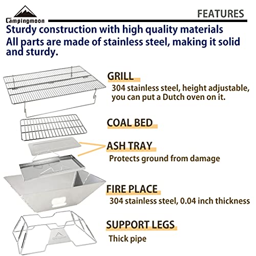 CAMPINGMOON Stainless Steel Portable Camping Fire Pit Foldable Wood Burning Charcoal Grill 20x13-inch with Carrying Bag MT-3