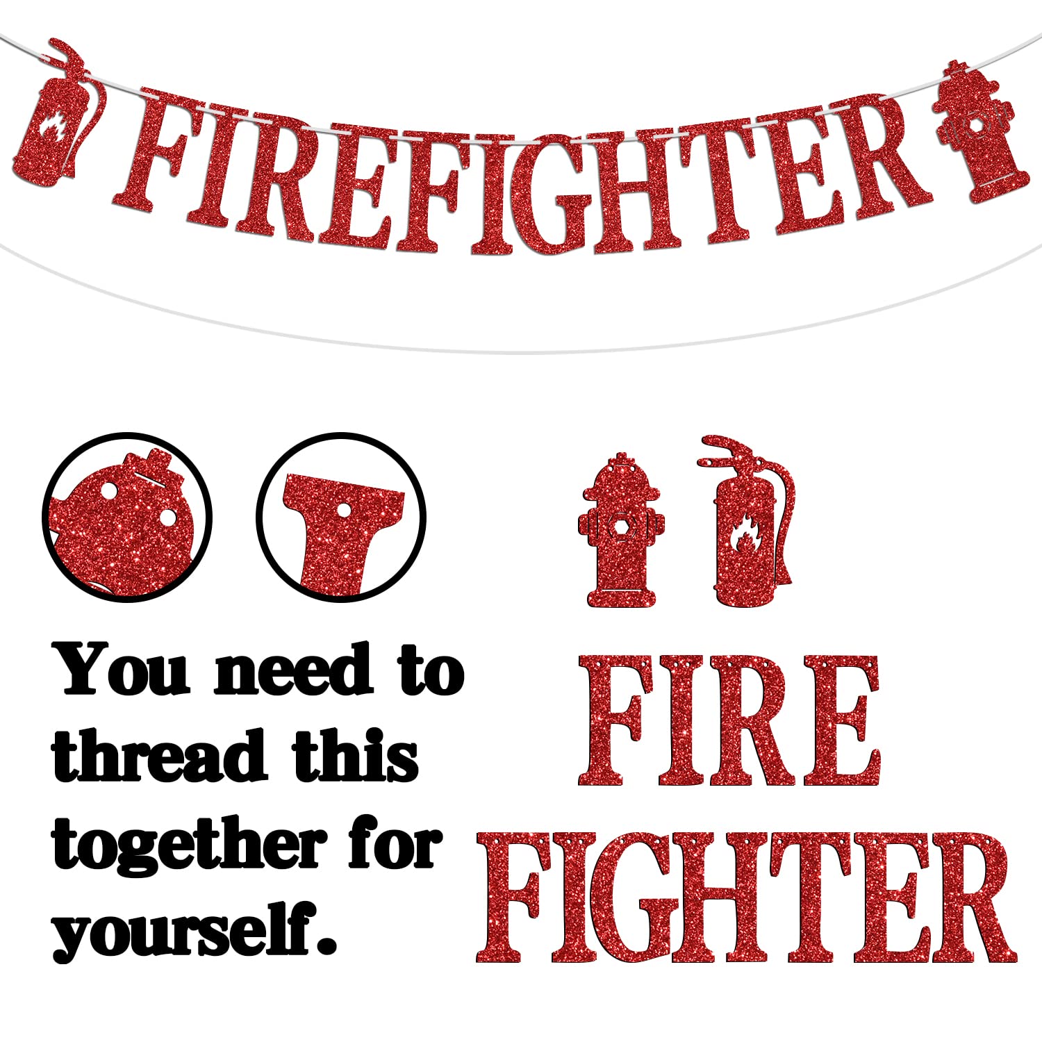 Congrats Firefighter Banner, Class of 2024/Congrats Grad, Fire Department Graduation Party Decoration Supplies for Fireman, Black and Red Glitter