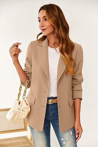 BZB Women's Casual Blazers Long Sleeve Lapel Button Open Front Work Office Blazer Jackets Suit Light Khaki