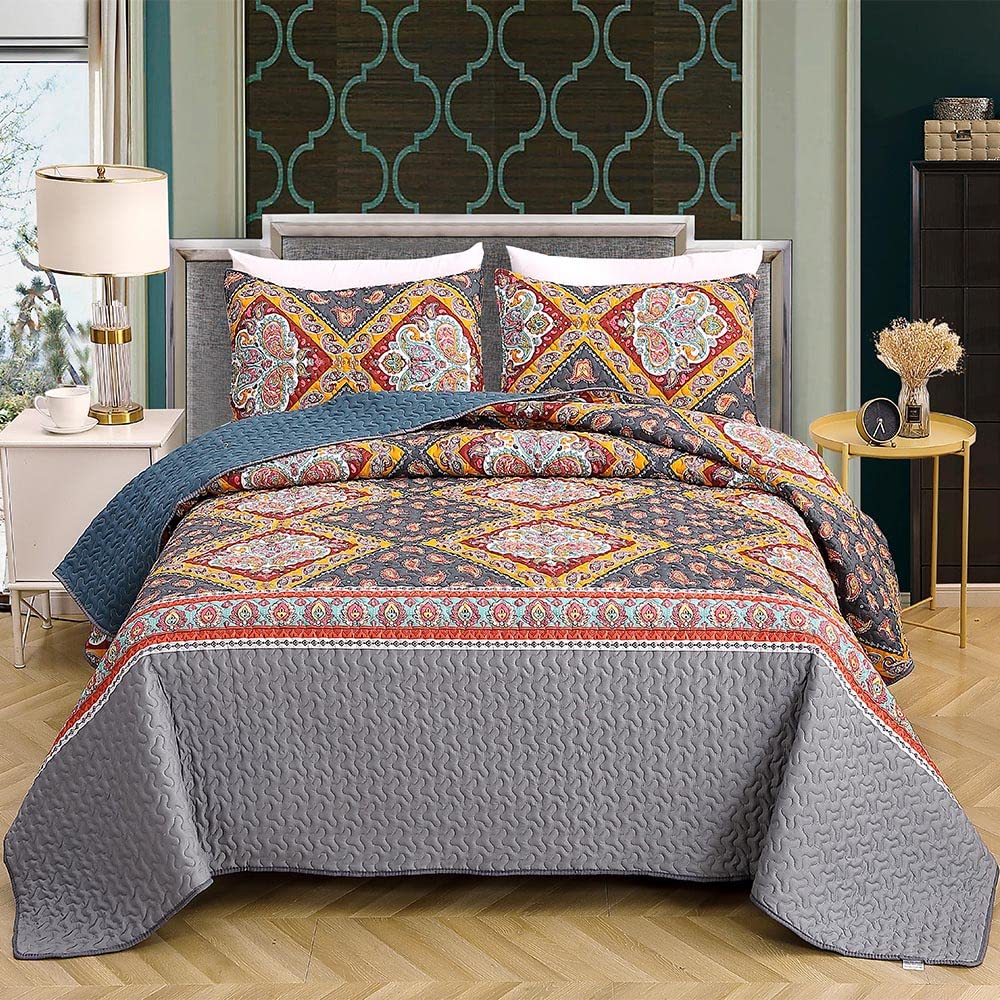 Autumn Dream Bedspread Quilt Sets Reversible 3 Pieces Coverlet Set, Yellow Grey Vintage Gorgeous Paisley Pattern Bedspread,Queen Size
