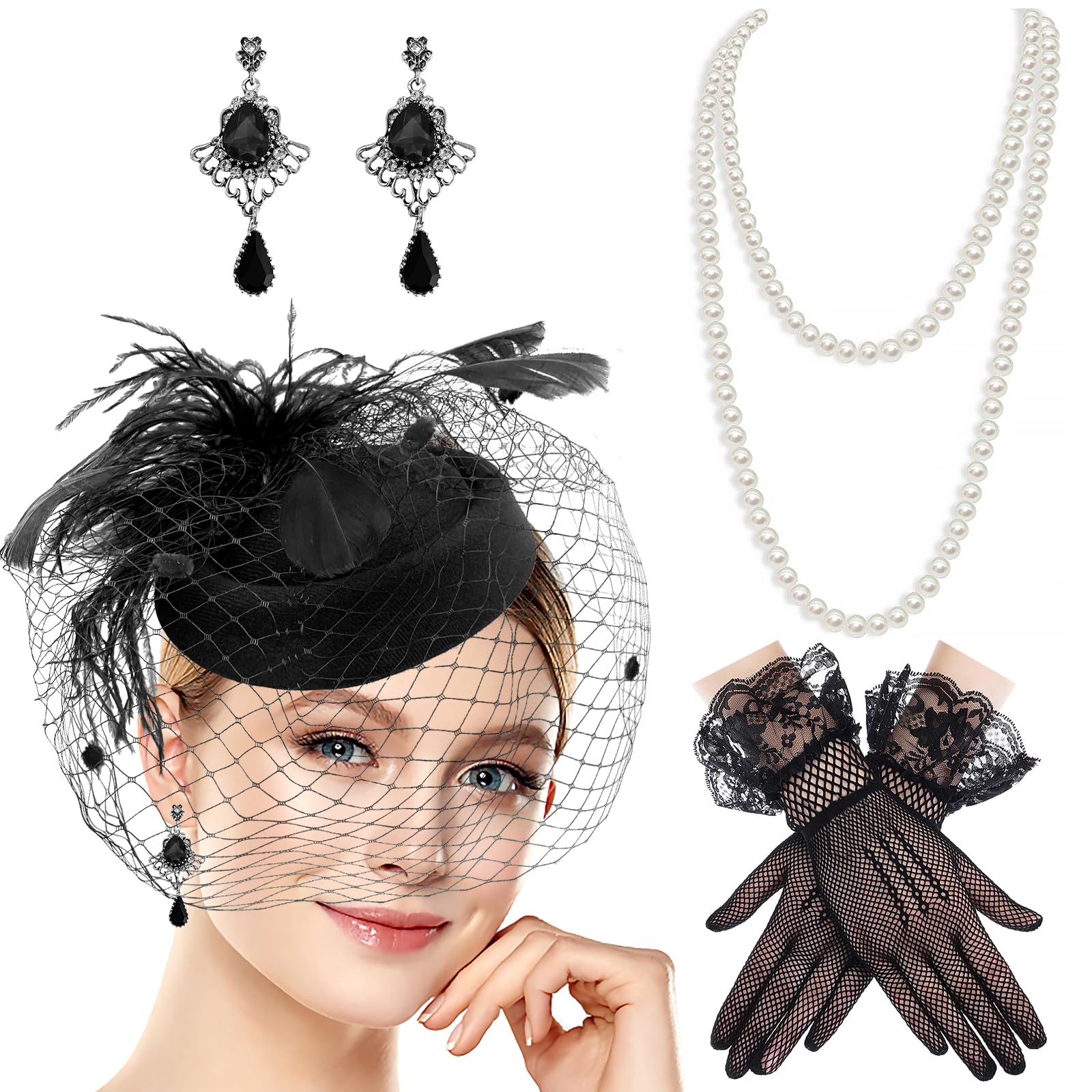Black Vintage Feather Fascinators Hats Pillbox Hat Set 20s 50s Top Hat Lace Gloves Pearl Jewelry Set for Women Halloween Cocktail Tea Party Wedding