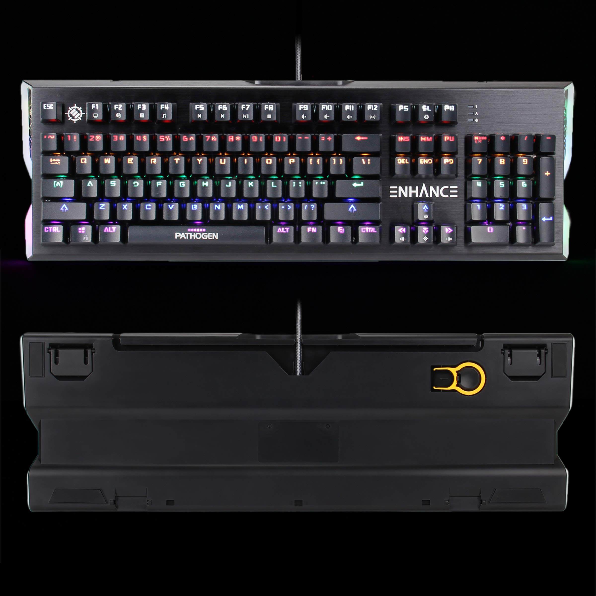 ENHANCE Pathogen Gaming Keyboard - Blue Switch Mechanical Keyboard with Fast 0.2ms Polling, Water & Dust Resistant, NKRO & Anti-Ghosting, Removable Wrist Rest, Ergonomic Keyboard Rainbow LED 9 Effects